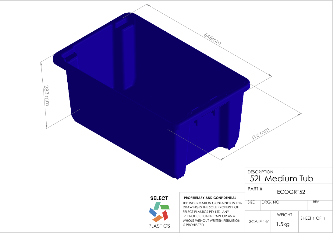 Select Plastics. 52L Medium Storage Tub-Blue